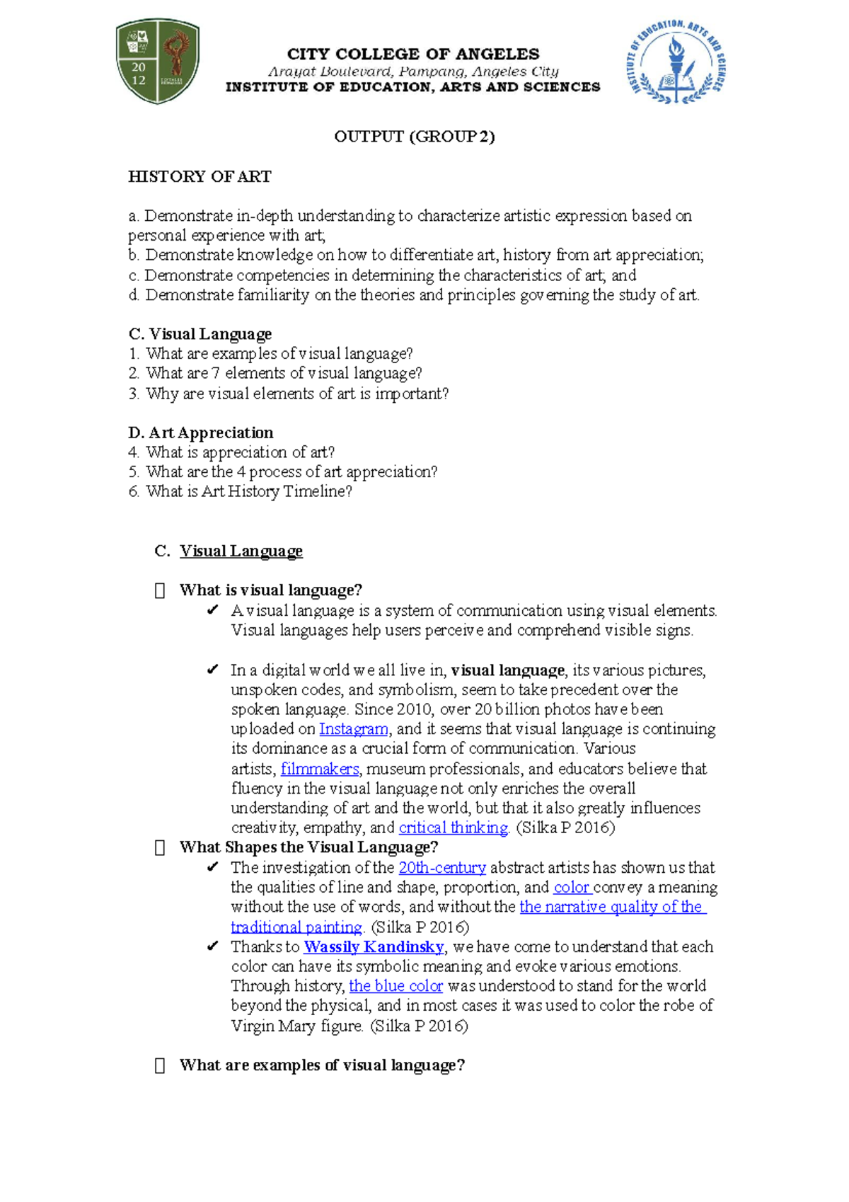 Group 2 History OF ART Handout - OUTPUT (GROUP 2) HISTORY OF ART a ...
