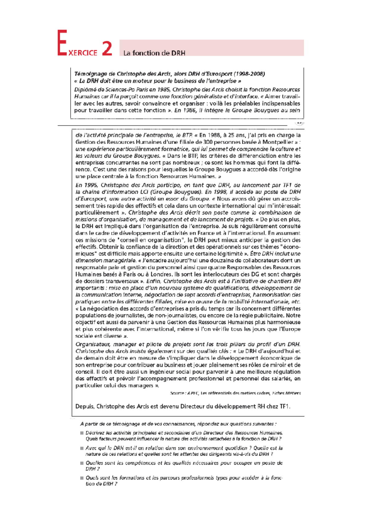 Exo 2 avec corrigé - exercice sur la fonction de DRH - XERCICE 2 La fonction de DRH Témoignage ...
