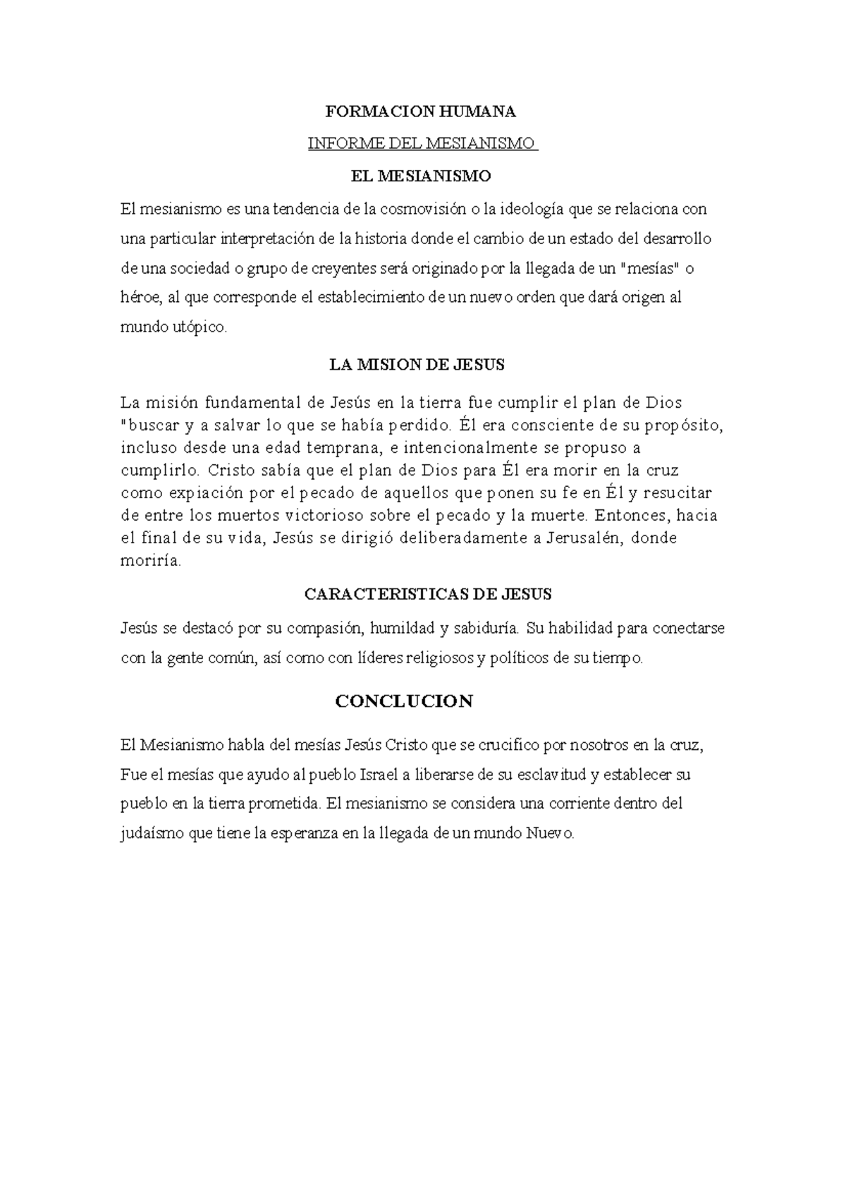 Formacion Humana brayan - FORMACION HUMANA INFORME DEL MESIANISMO EL ...