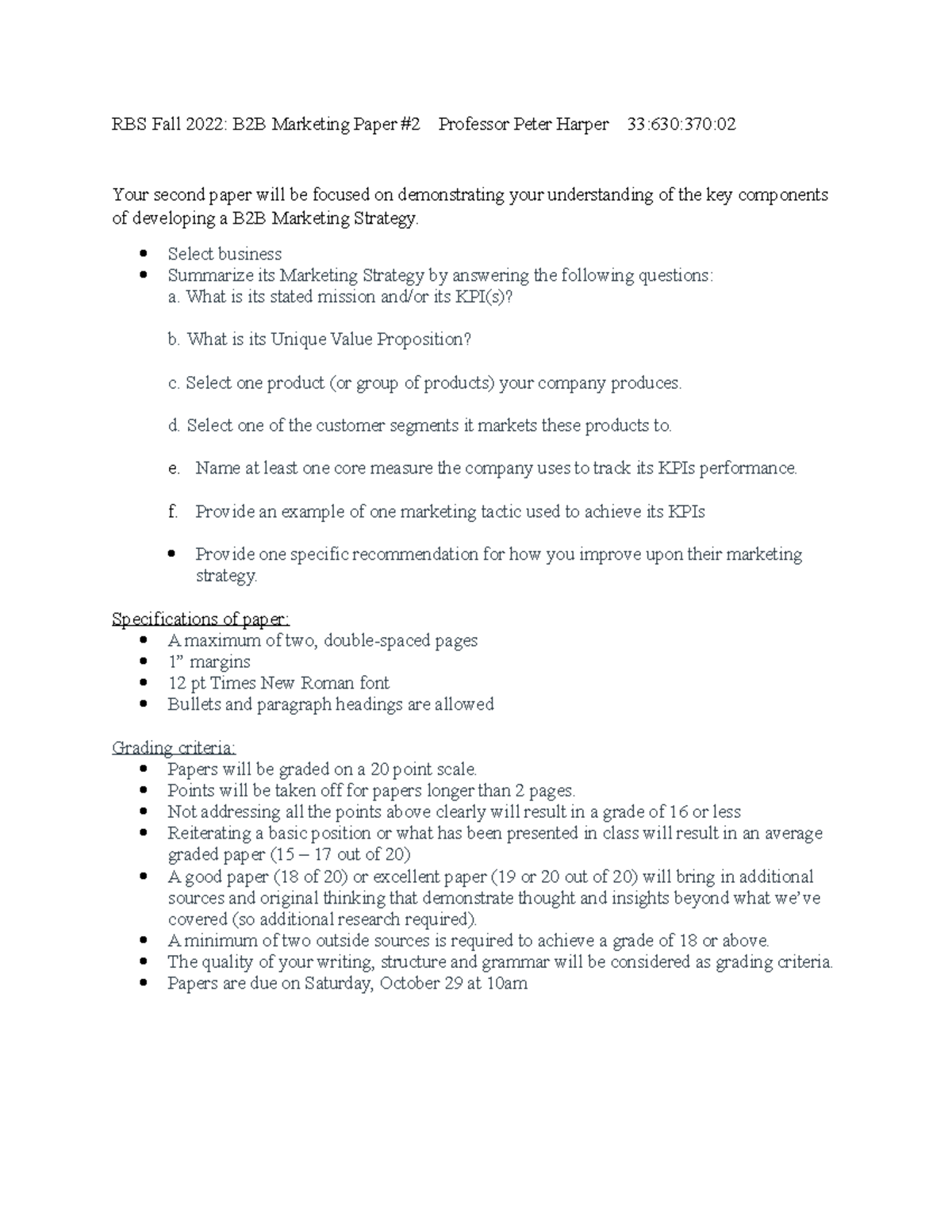 2nd Paper B2B Marketing Rubric - RBS Fall 2022: B2B Marketing Paper #2 ...