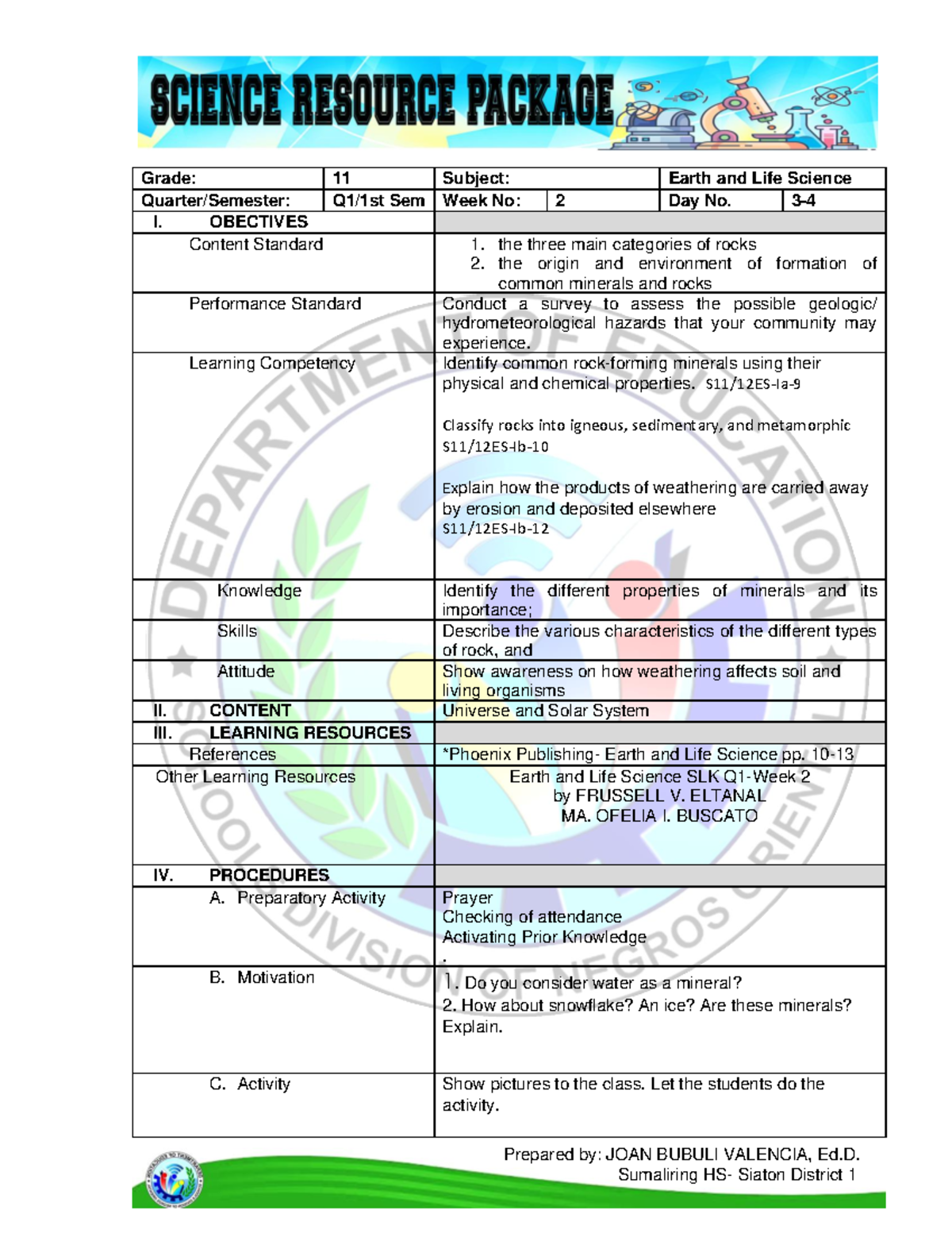 Earth and Life Sci S Q1 DLP Week2 - Prepared by: JOAN BUBULI VALENCIA ...