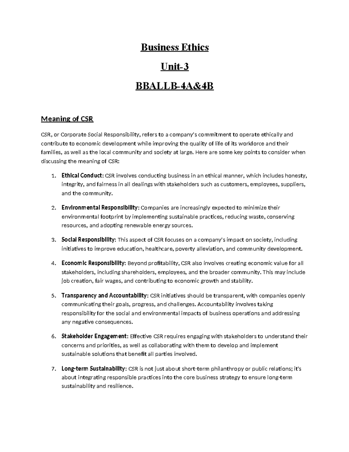 Unit 3 - NOTES FOR BUSINESS ETHICS UNIT 3 - Business Ethics Unit ...