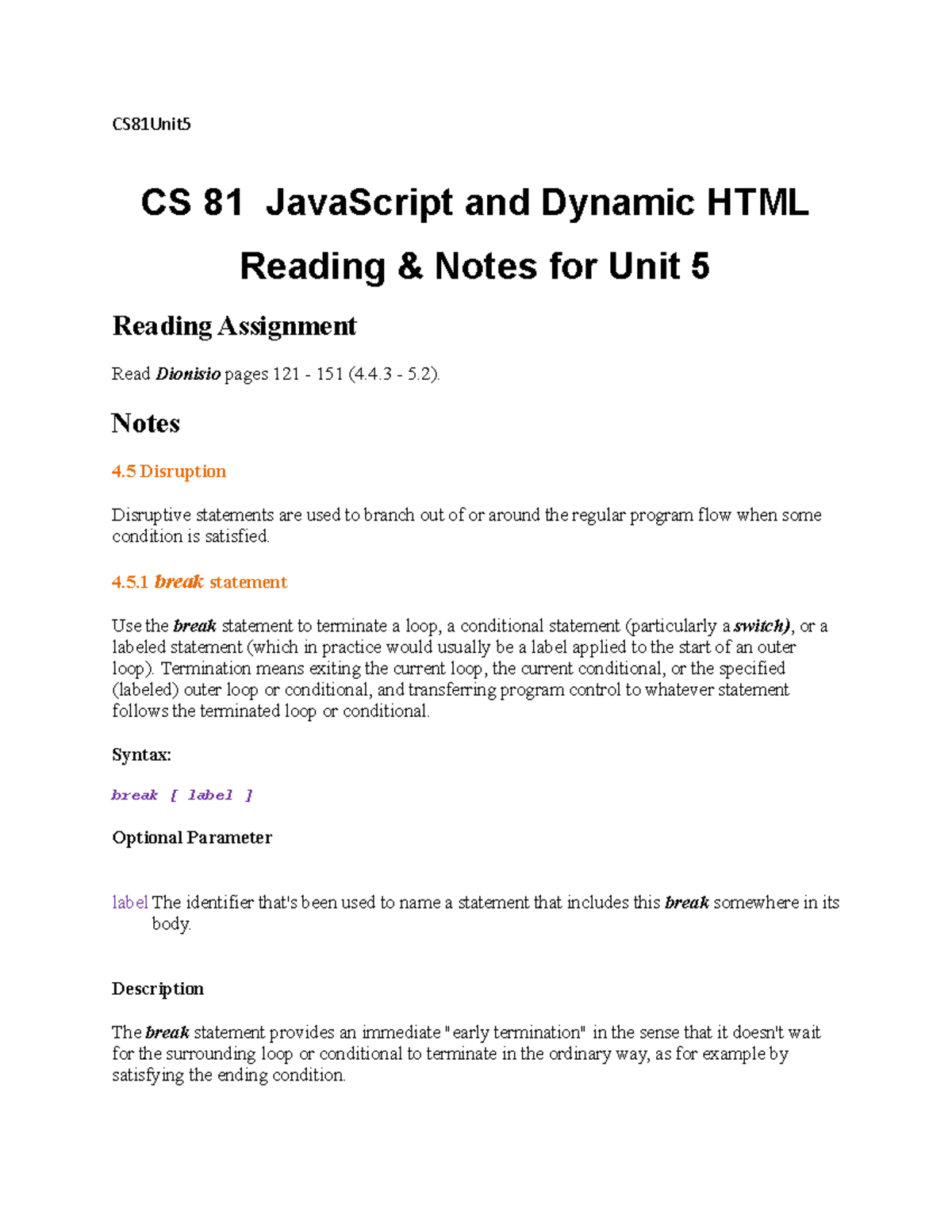 CS81Unit5 - module - CS81Unit5 CS 81 JavaScript and Dynamic HTML ...