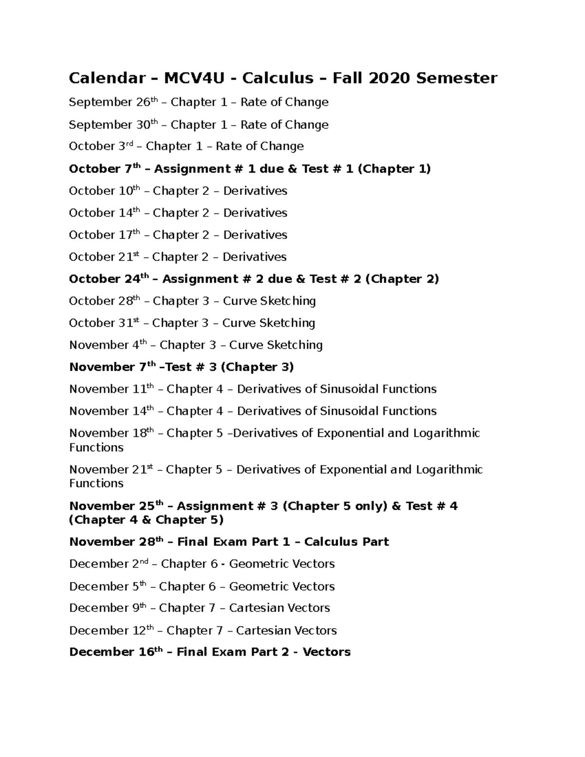 Calendar-Calculus - Fall2020 - Calendar – MCV4U - Calculus – Fall 2020 ...