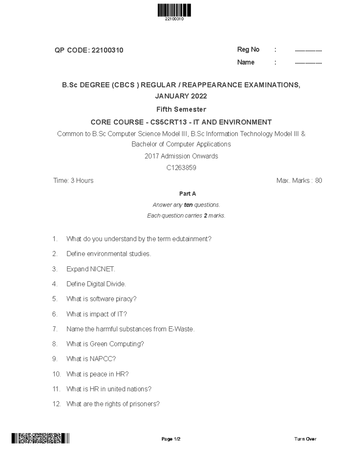 ITE JAN 2022 class= - question paper for practise - QP CODE: 22100310 Reg No ...