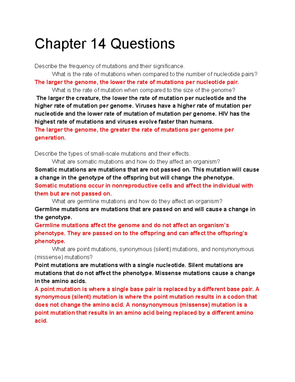 Chapter 14 BIO 181 Learning Objectives Questions - Chapter 14 Questions Describe the frequency ...