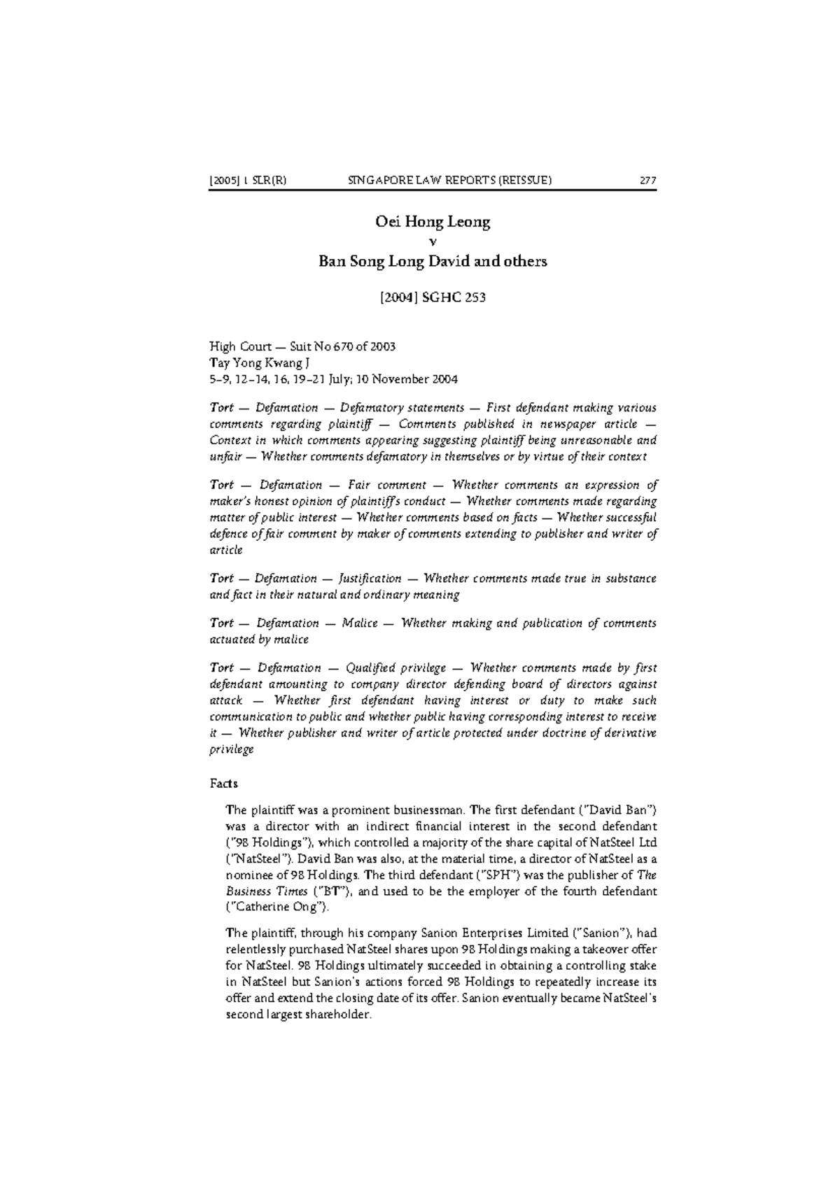 Oei Hong Leong v Ban Song Long David fair comment - [2005] 1 SLR(R ...