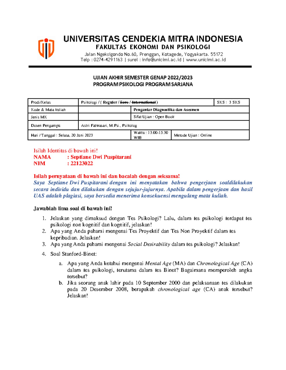 Pengantar Diagnostika DAN Asesmen Semester 2 - UNIVERSITAS CENDEKIA MITRA INDONESIA FAKULTAS ...