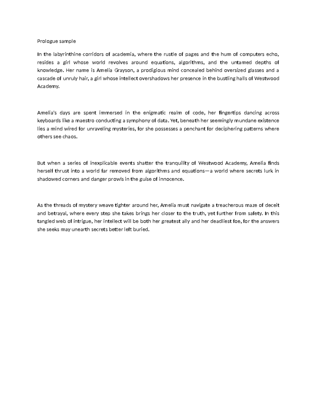 Prologue sample - thriller/mystery - Prologue sample In the ...