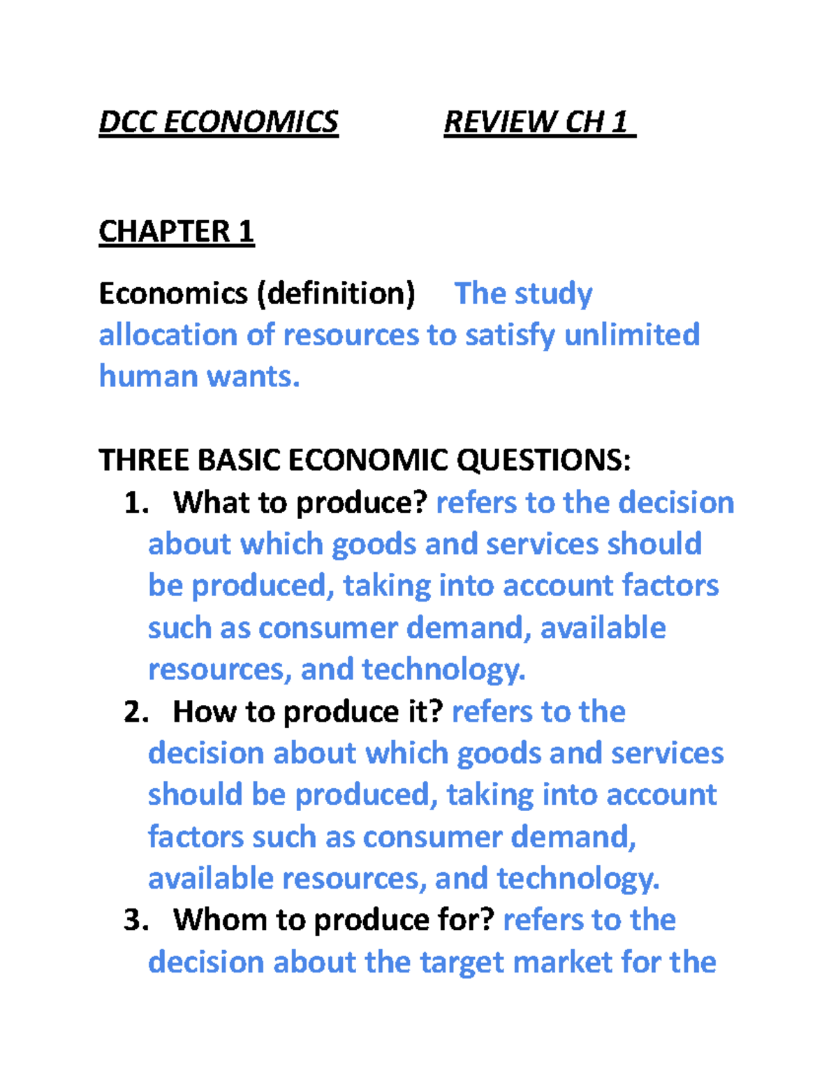 CHAP 1 review - DCC ECONOMICS REVIEW CH 1 CHAPTER 1 Economics ...