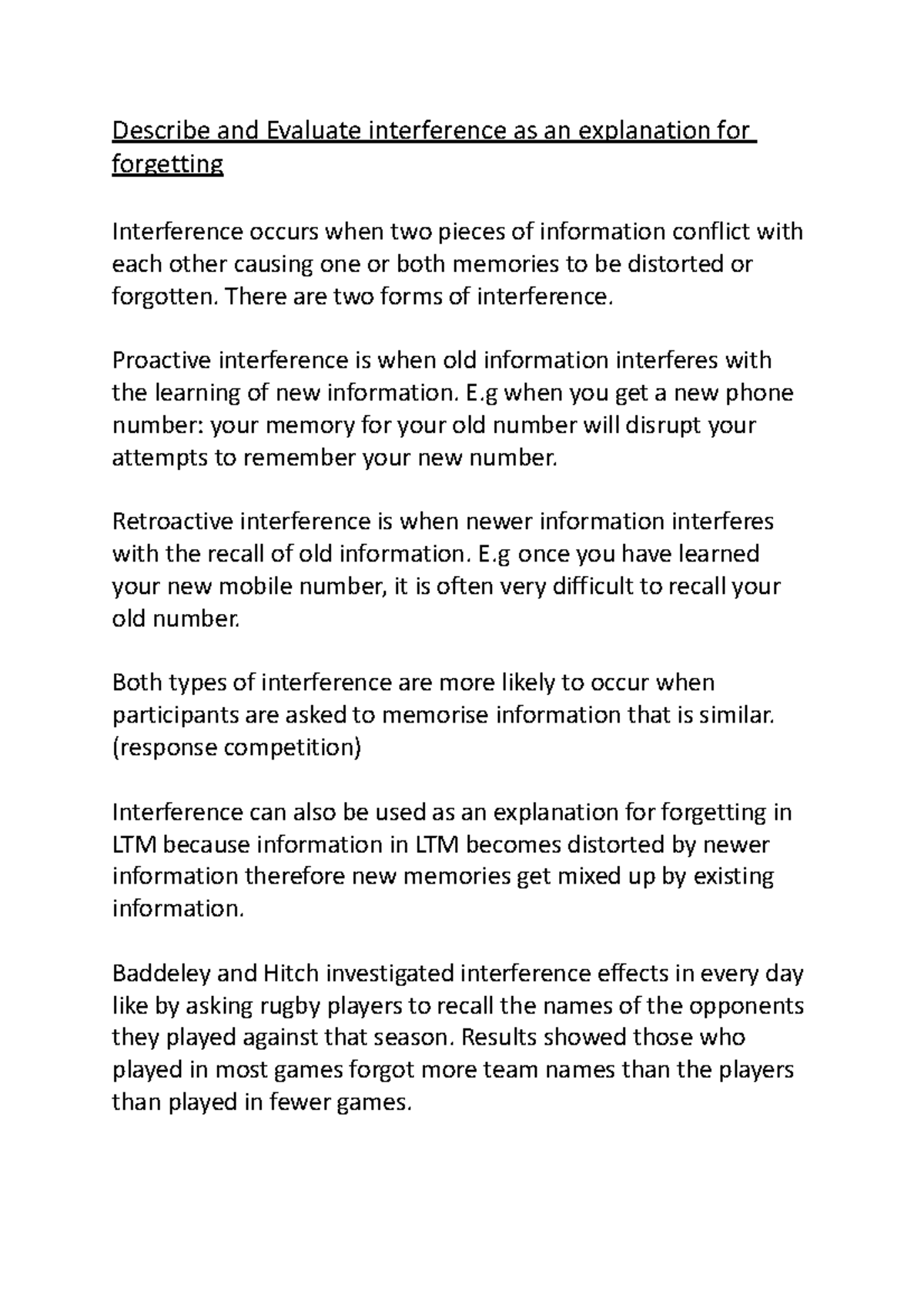 Describe and Evaluate interference as an explanation for forgetting - Describe and Evaluate ...