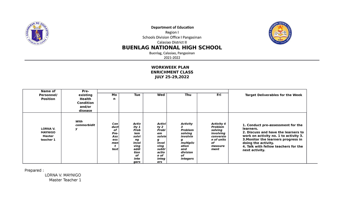 Workweek PLAN for enrichment class 2022 - Department of Education ...