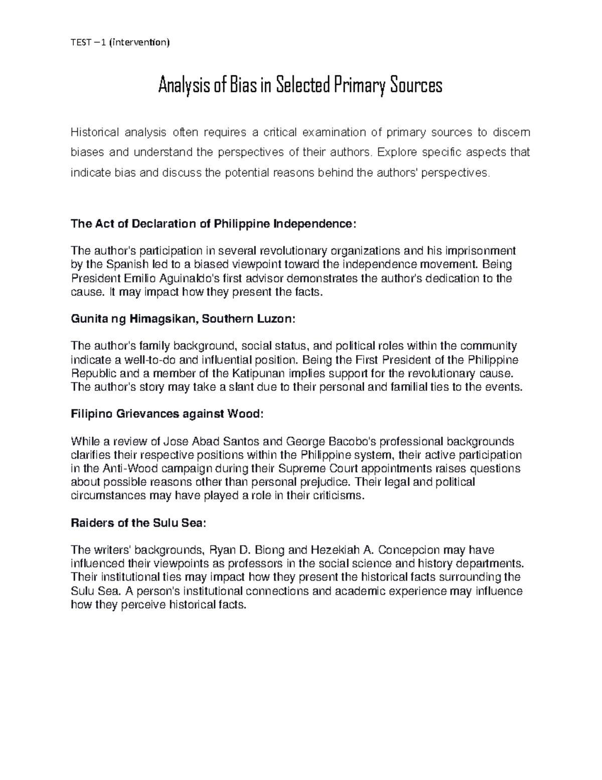 Intervention Activity 123 - TEST – 1 (intervention) Analysis of Bias in ...