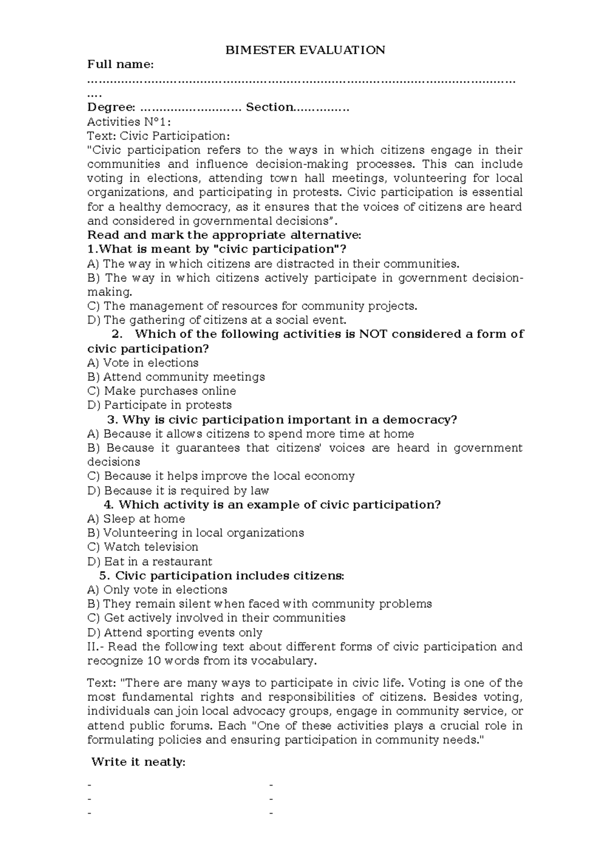 Bimester Evaluation - text comprehension - BIMESTER EVALUATION Full ...