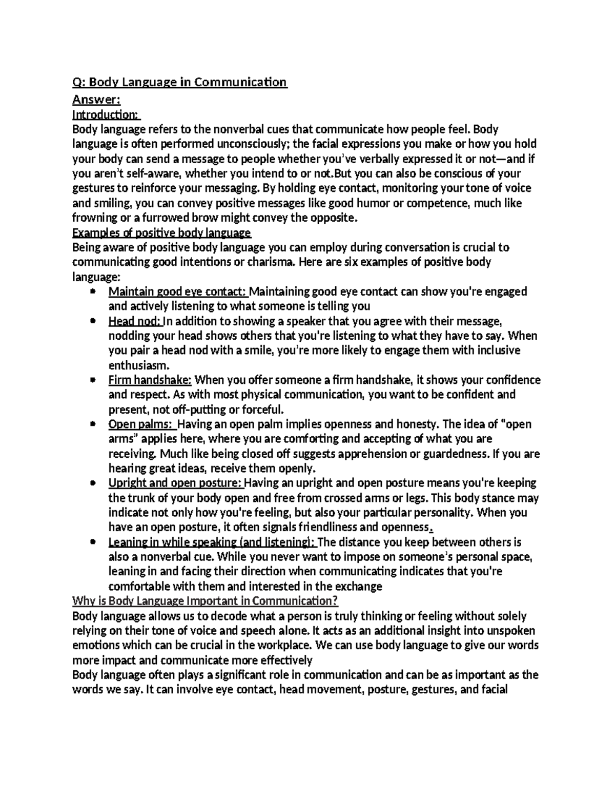 Communication notes - Q: Body Language in Communication Answer ...