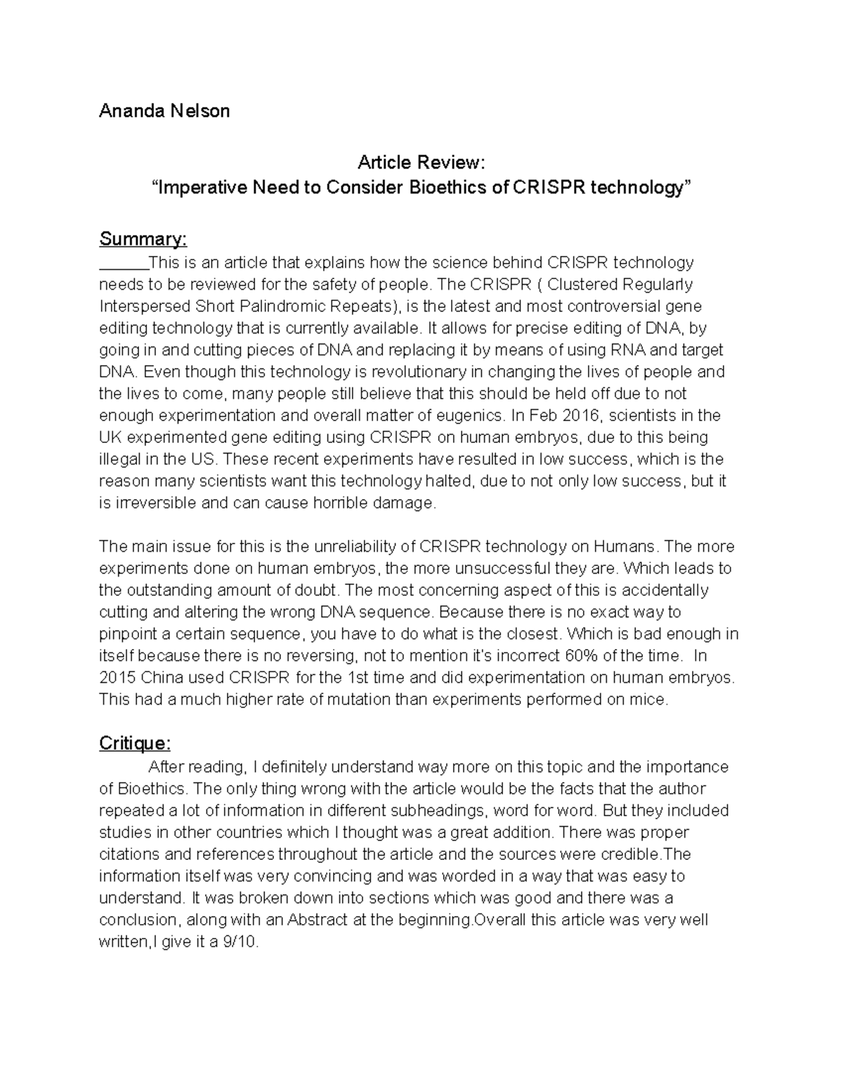 Crispr description paper final - Ananda Nelson Article Review ...