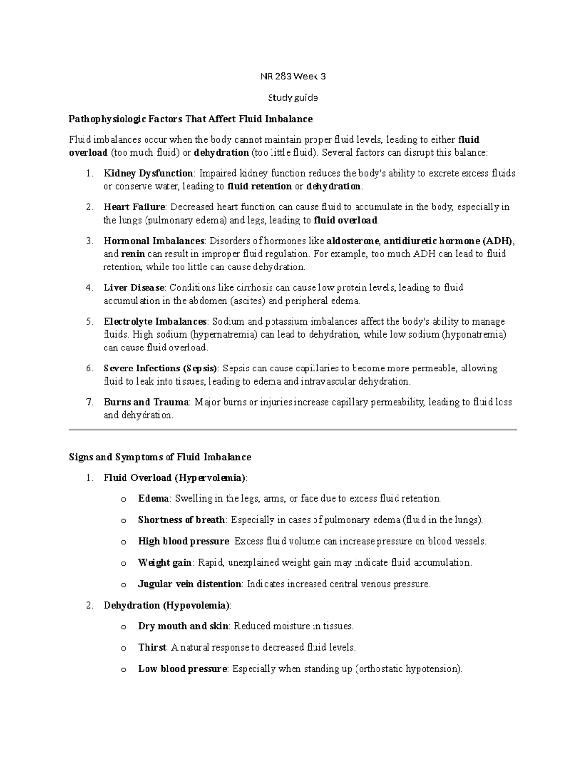 Week 3 patho study guide - NR 283 Week 3 Study guide Pathophysiologic ...