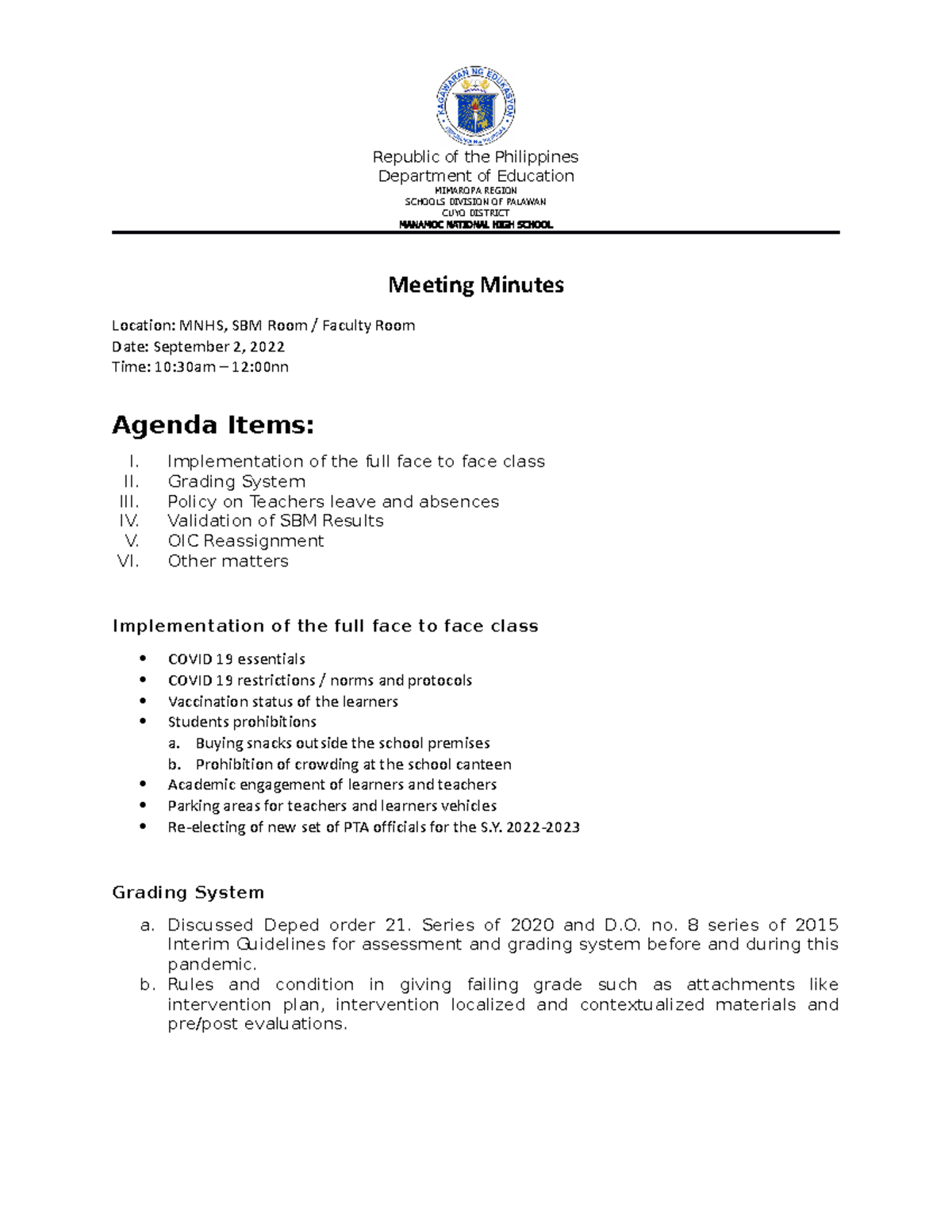 MNHS Minutes - Minute's of the meeting - Republic of the Philippines ...