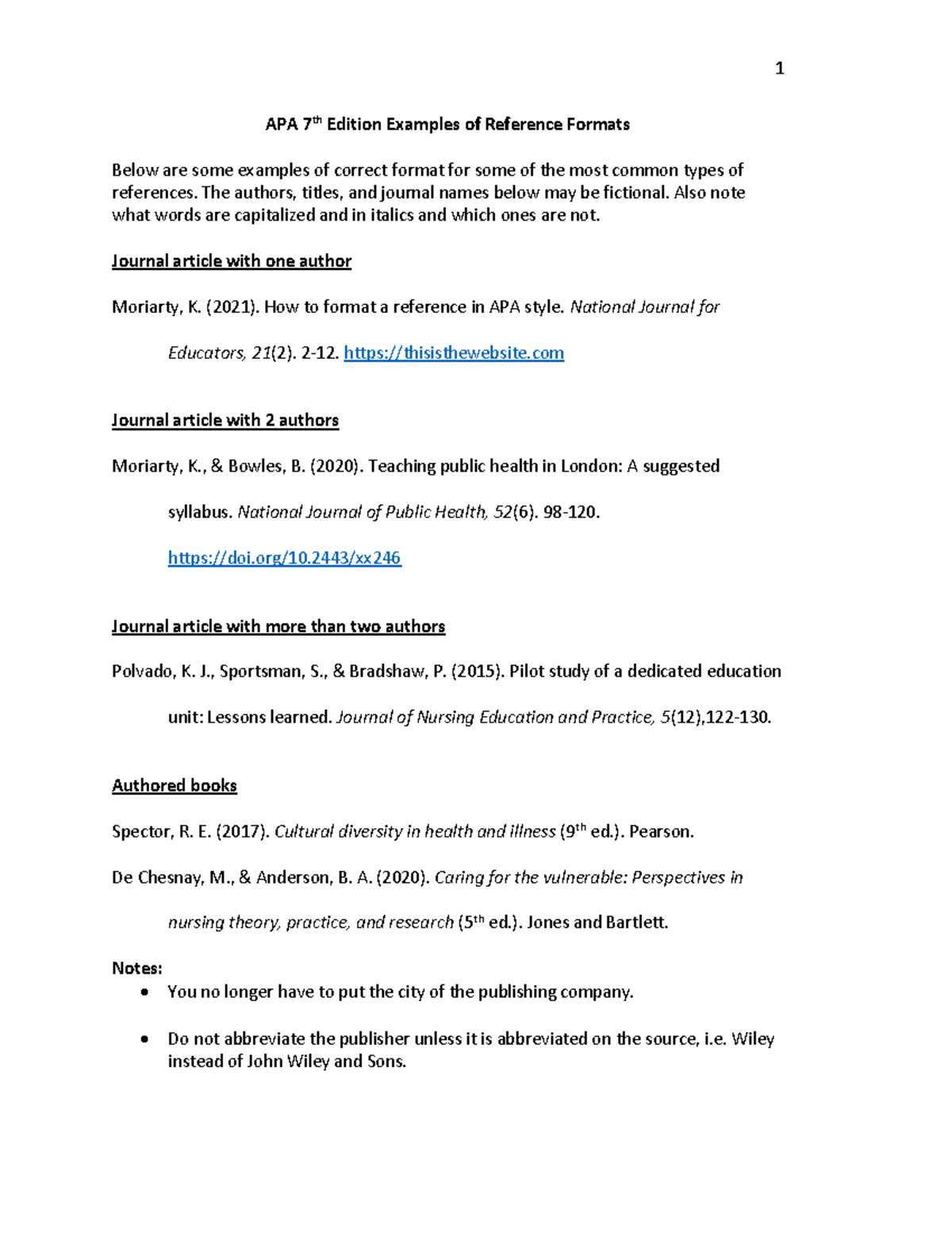 APA Examples of Reference Formats - NURS 6670 - Walden - Studocu