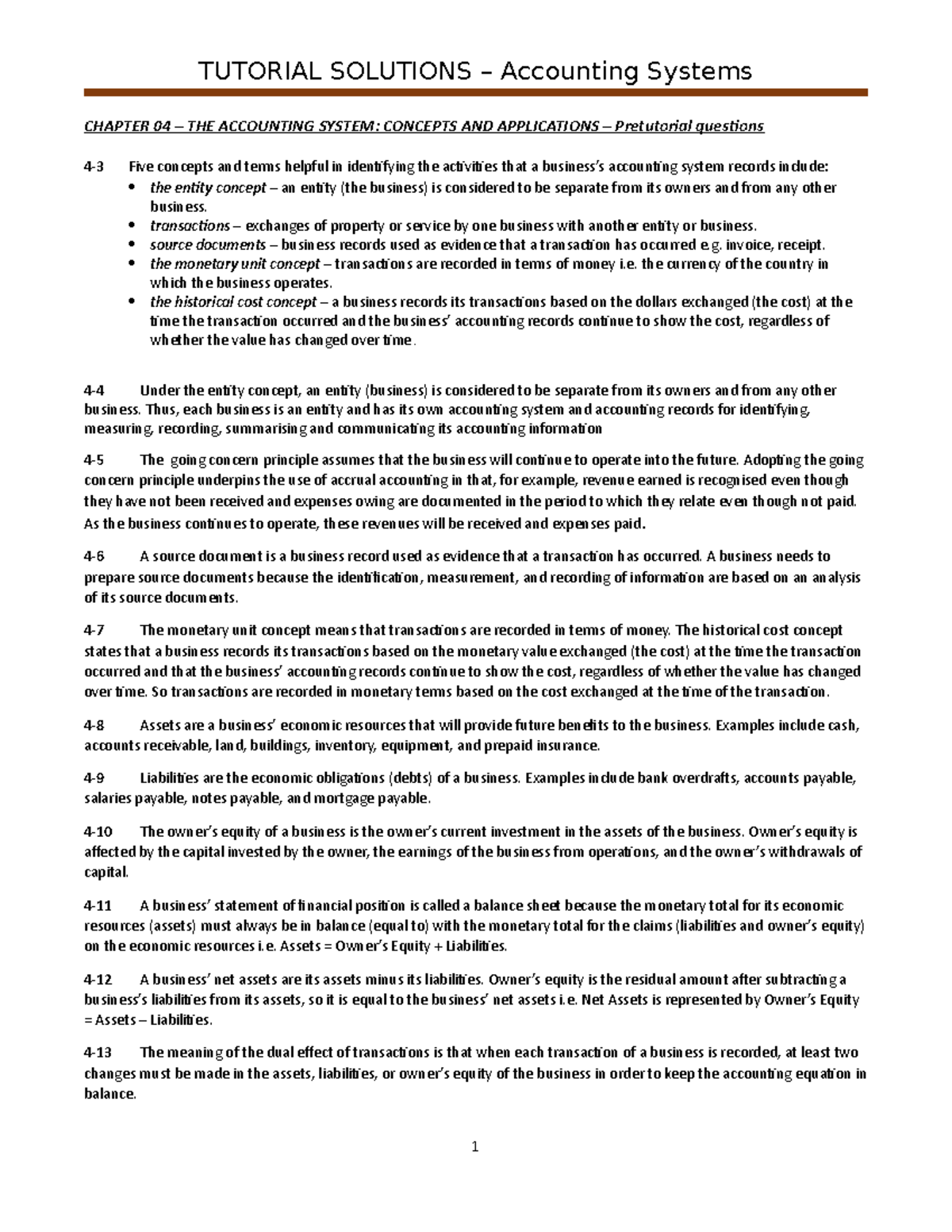 Tutorial solutions - Accounting systems - CHAPTER 04 – THE ACCOUNTING SYSTEM: CONCEPTS AND - Studocu