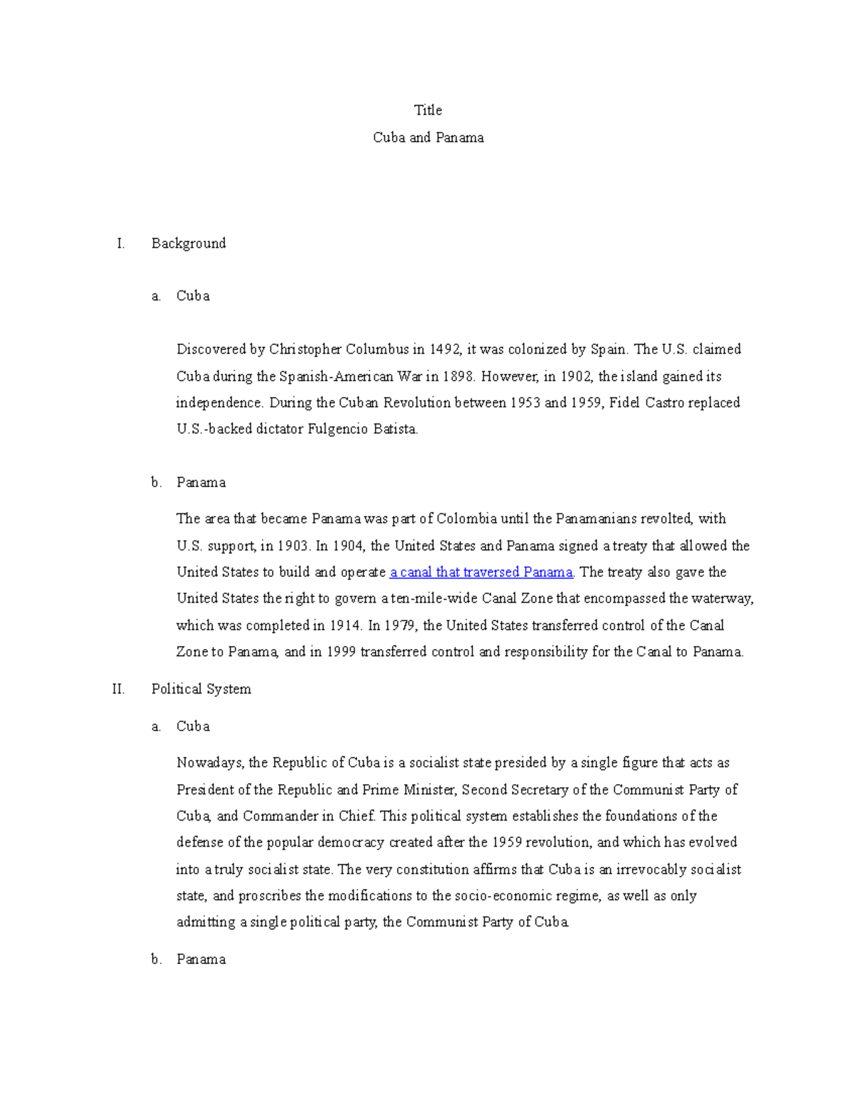 Cuba and Panama - sdad - Title Cuba and Panama I. Background a. Cuba ...