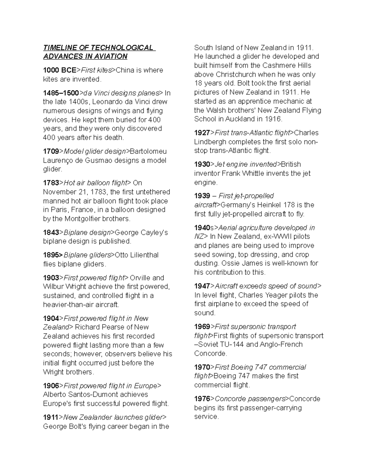 Timeline OF Technological Advances IN Aviation - TIMELINE OF ...