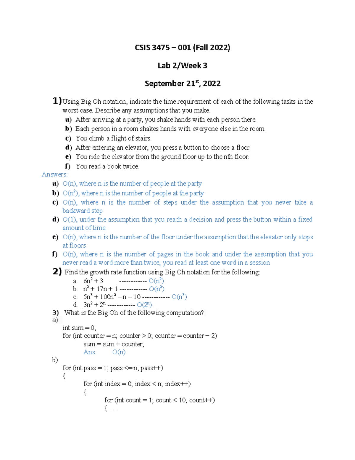 Lab2Solution - asdasdasd - CSIS 3475 – 001 (Fall 2022) Lab 2/Week 3 ...