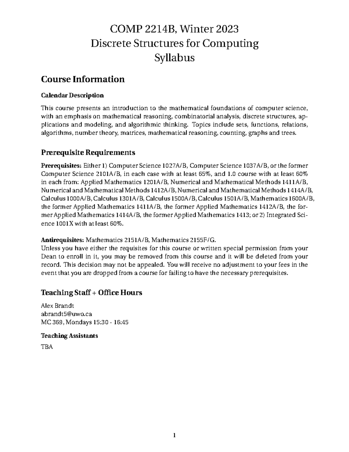 CS2214-b - outline - COMP 2214B, Winter 2023 Discrete Structures for ...
