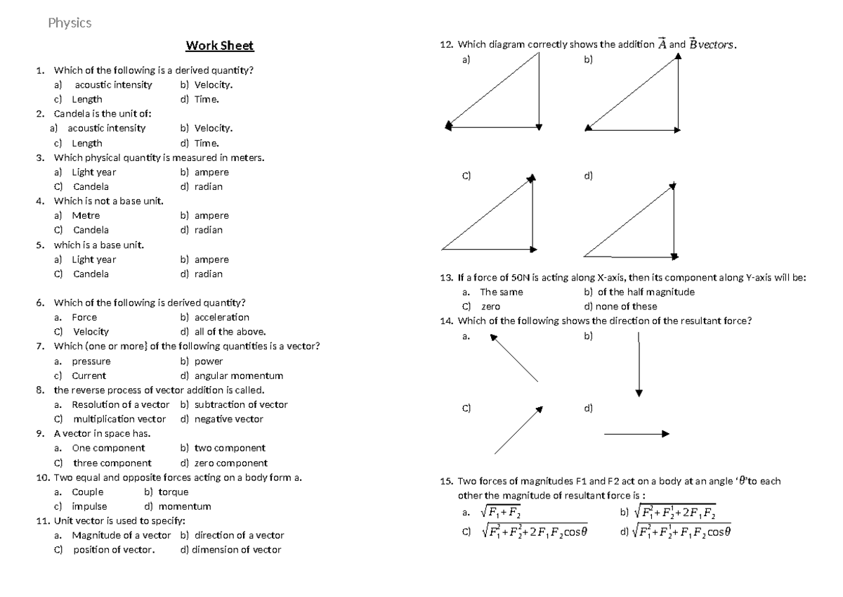 Physics Test 1 - for prepration of ECAT (work sheet) - Work Sheet 1 ...