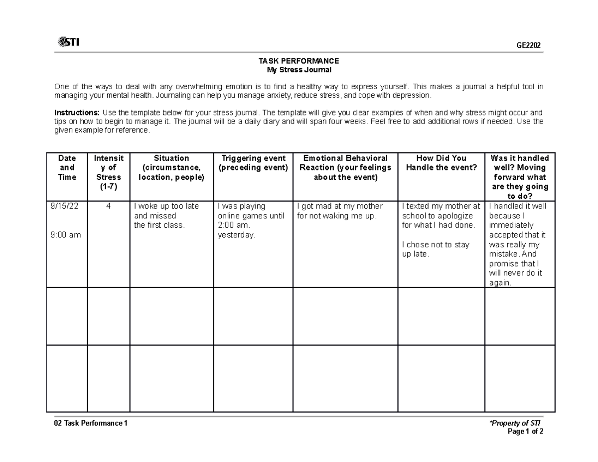 02 Task Performance 1 - Euthenics - TASK PERFORMANCE My Stress Journal ...