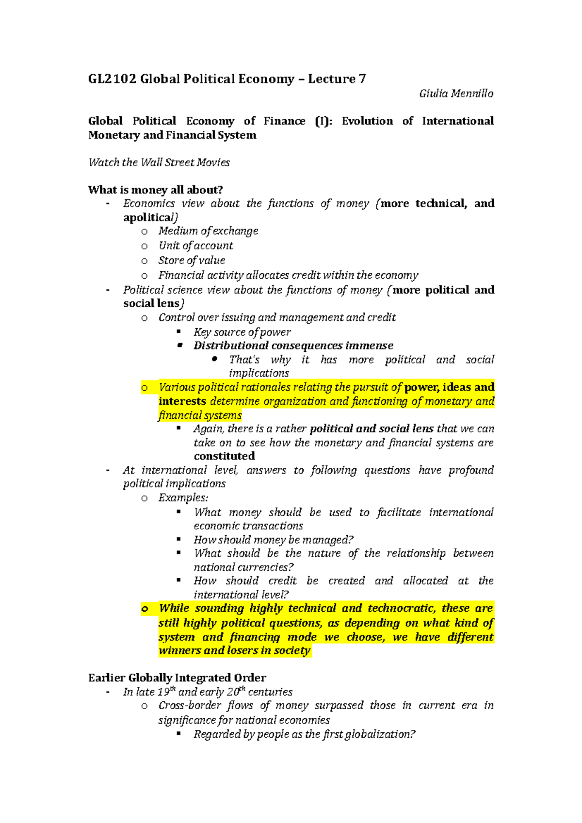 GL2102 Lecture 7 - GL2102 Global Political Economy – Lecture 7 Giulia ...