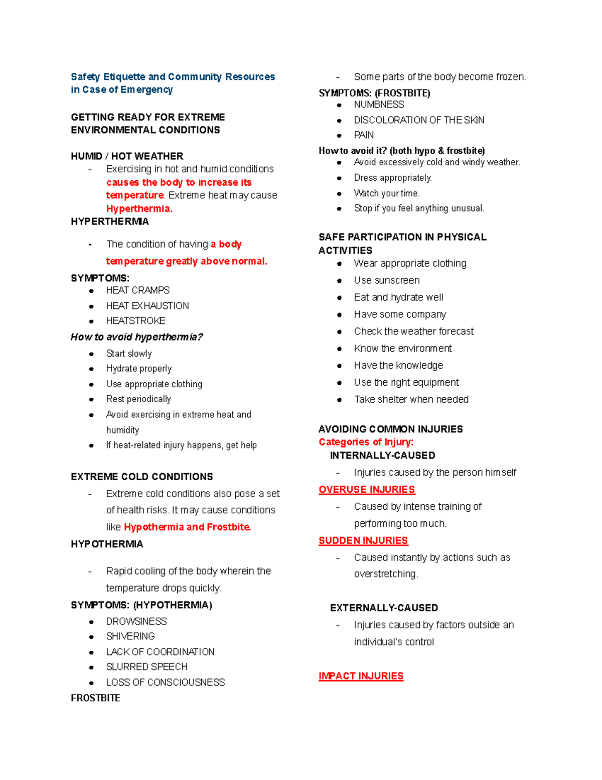 PEH Reviewer - PEH Notes - Safety Etiquette and Community Resources in ...