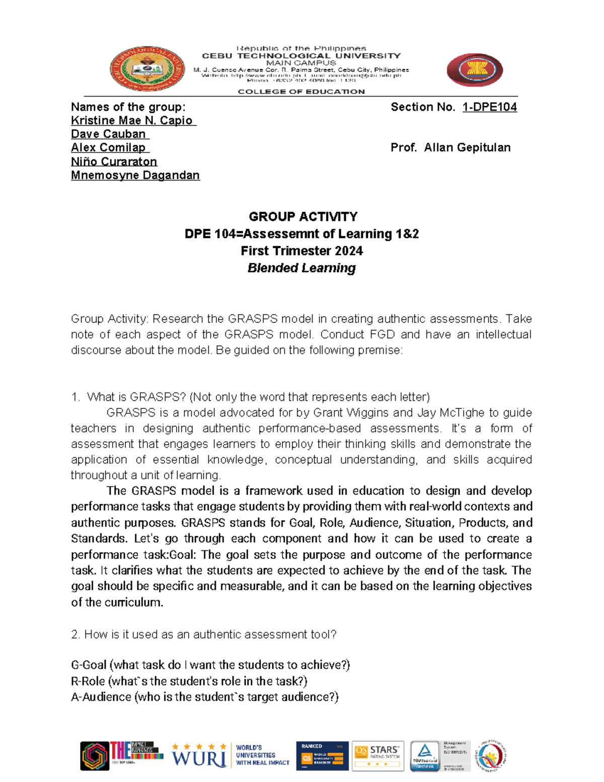 Grasps model in creating authentic assessments - Names of the group ...