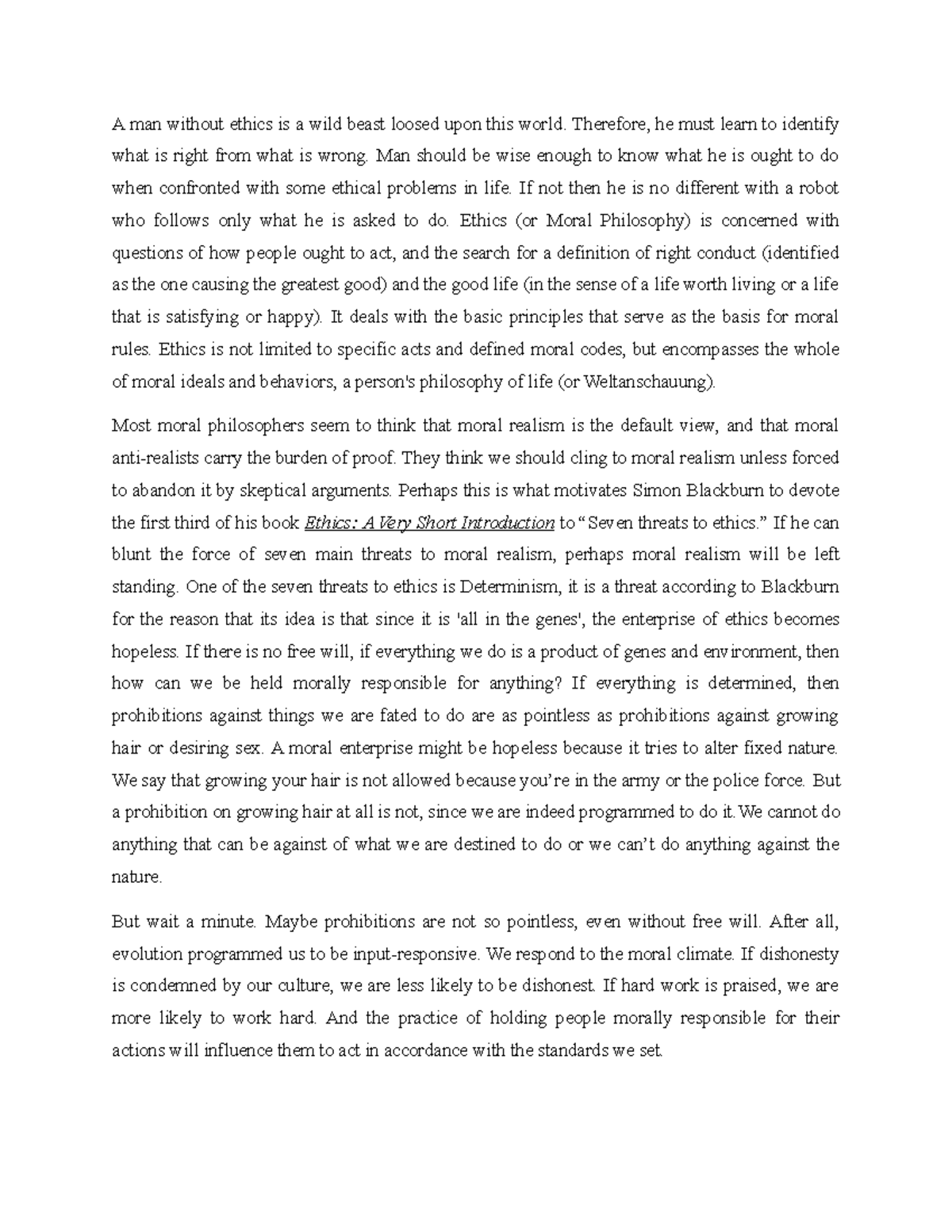 Langub Essay 1 - Ethics - A man without ethics is a wild beast loosed ...