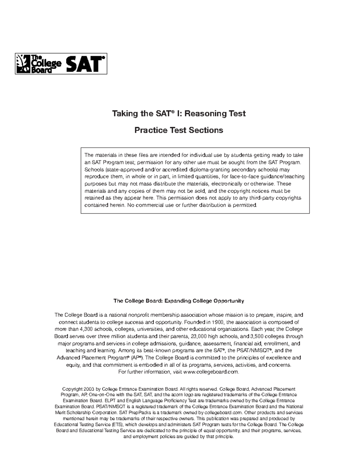 Official SAT Practice Test 2003 04 Taking The SAT I Reasoning Test