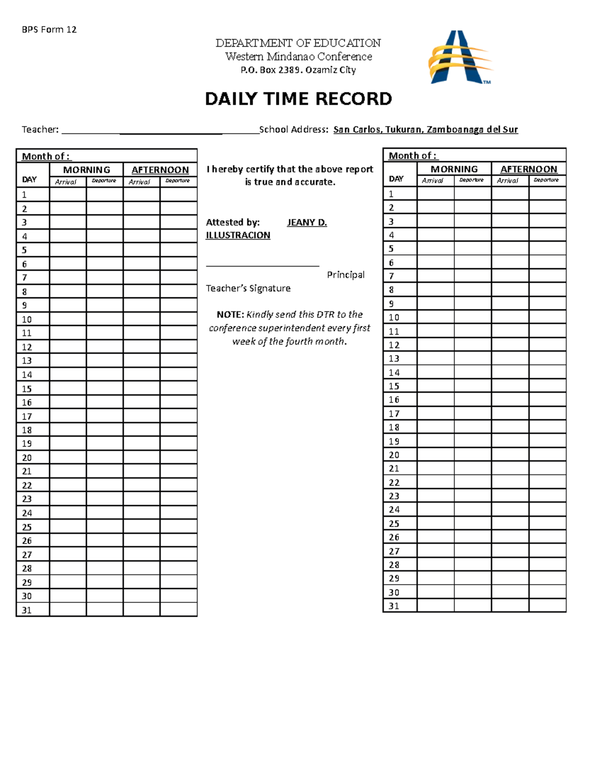 DTR1 - None - BPS Form 12 DEPARTMENT OF EDUCATION Western Mindanao ...