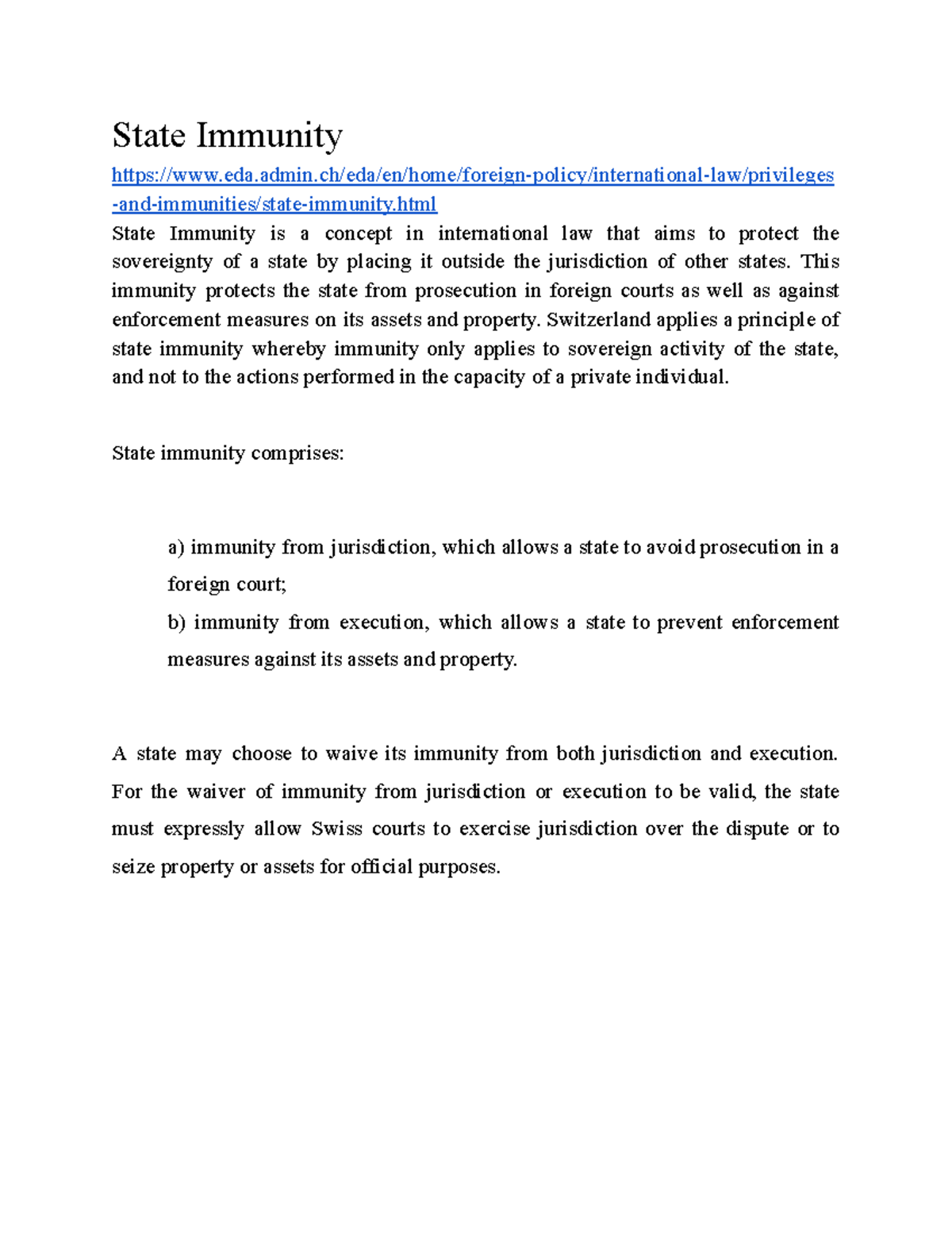 State Immunity Brief Introduction - State Immunity - Studocu