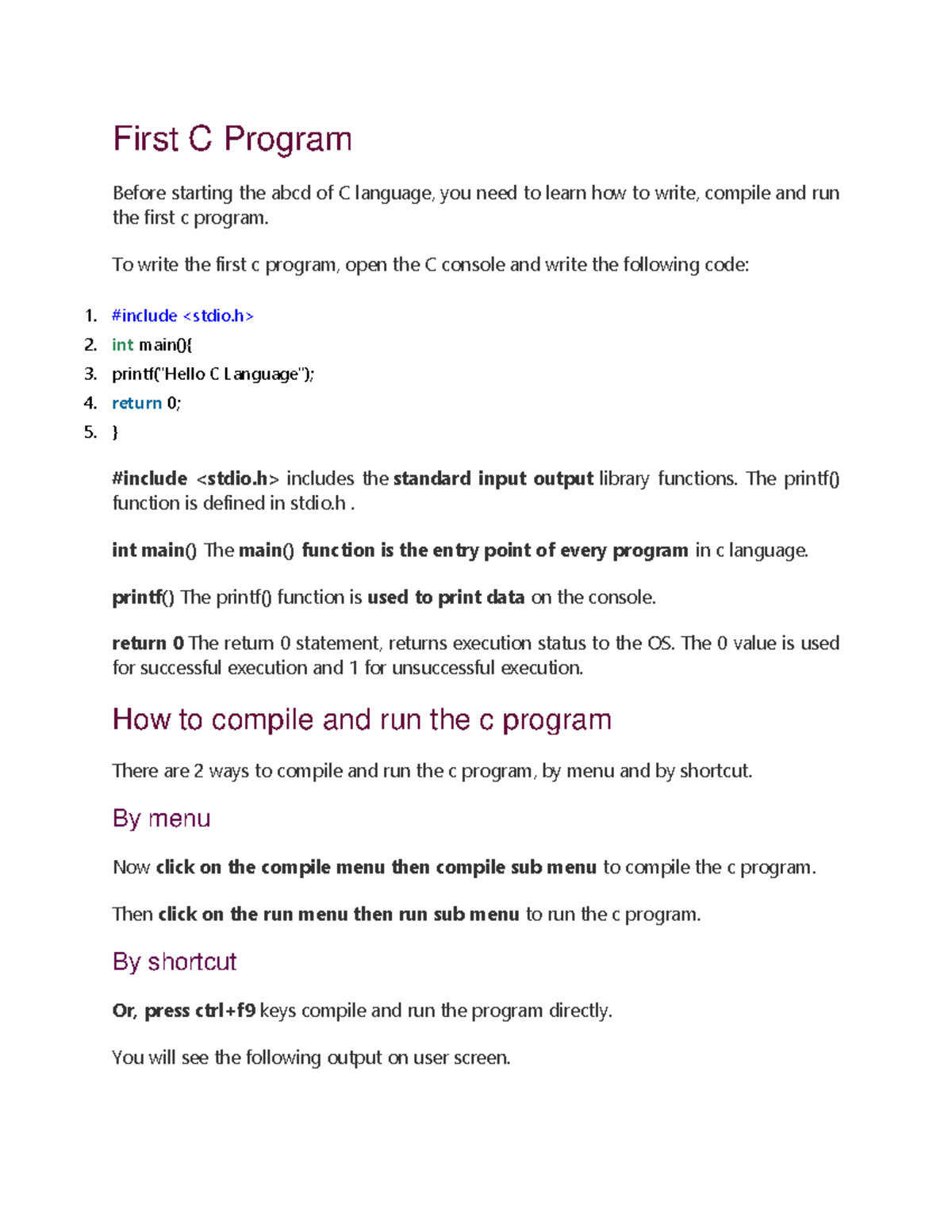 First C Program Good Notes First C Program Before Starting The Abcd