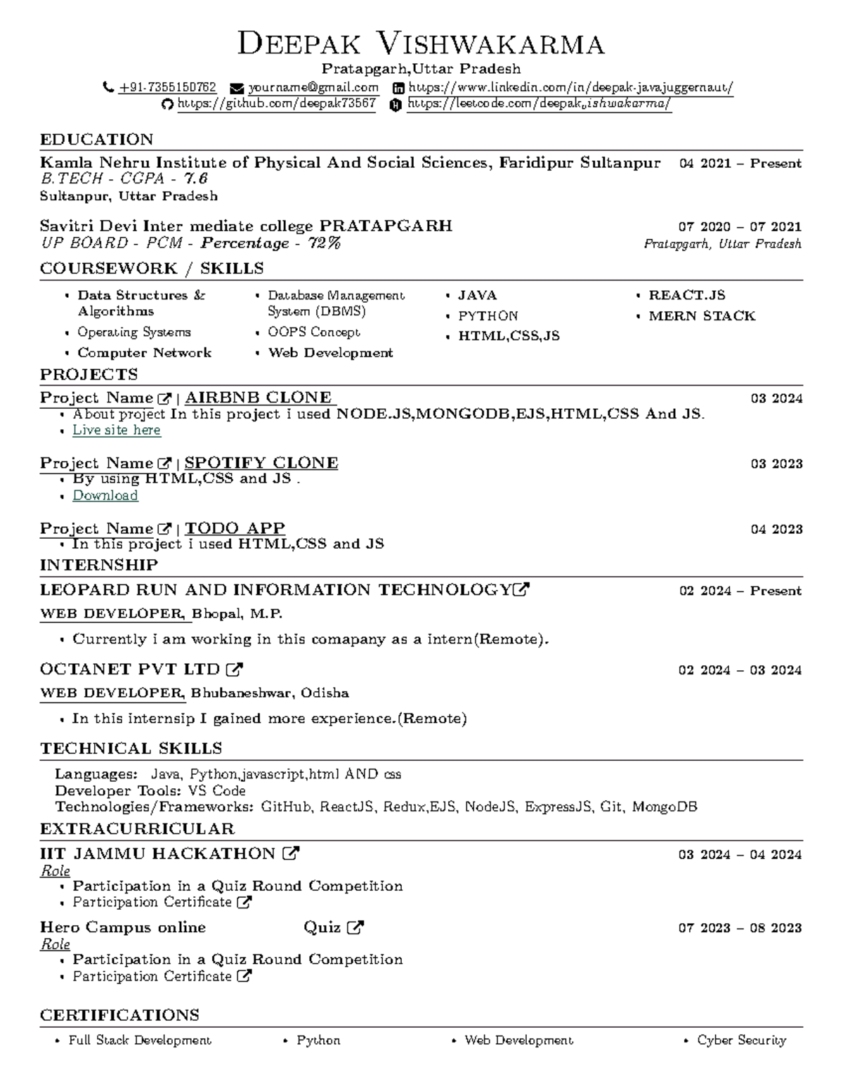Abey Resume Template 6 - Deepak Vishwakarma Pratapgarh,Uttar Pradesh Ó +91-7355150762 R - Studocu