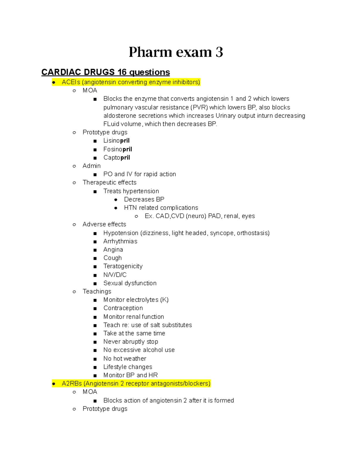 Pharm exam 3 - Prototype drugs Lisinopril Fosinopril Captopril Admin PO ...