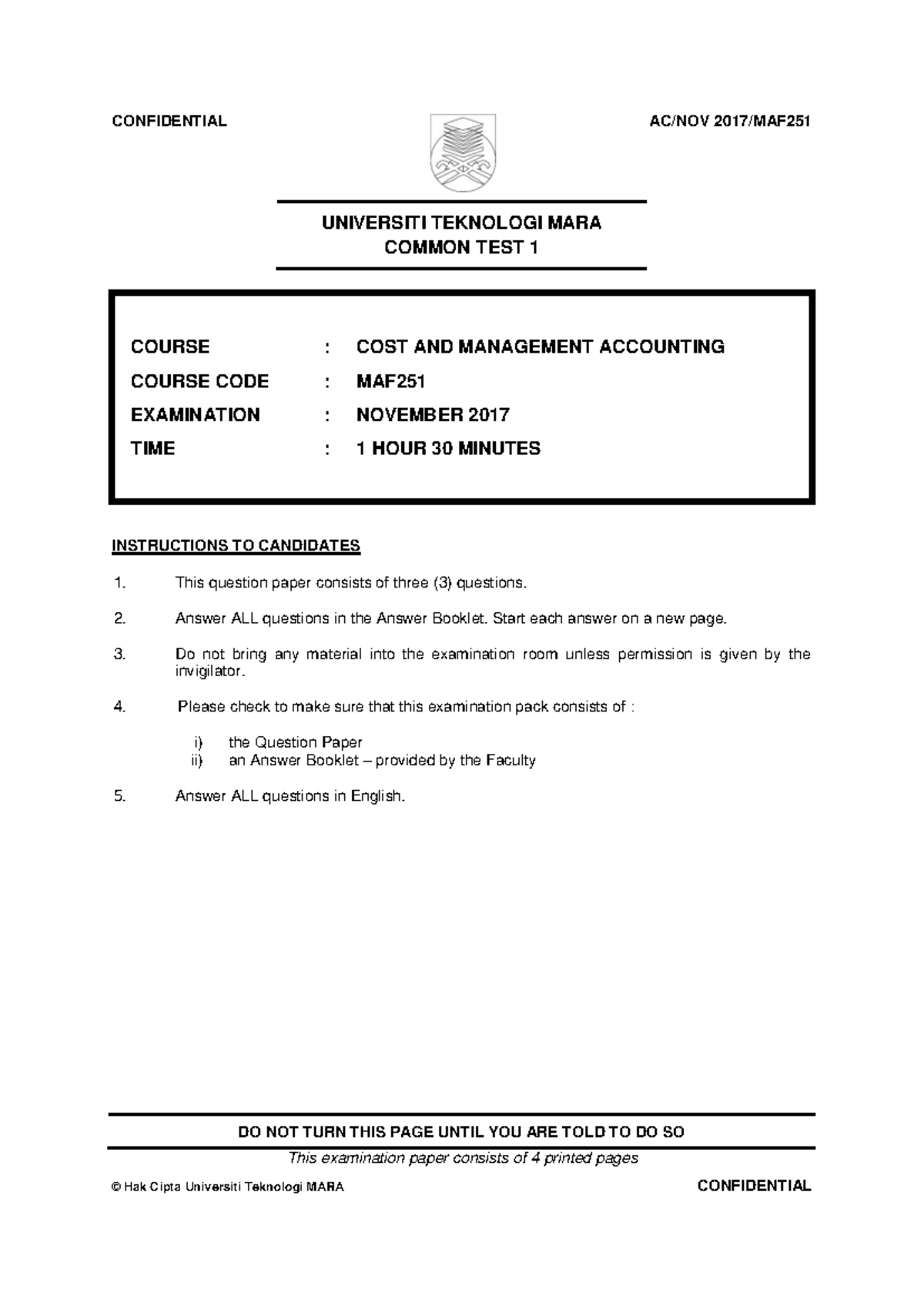 Document-54 - past year paper - UNIVERSITI TEKNOLOGI MARA COMMON TEST 1 ...