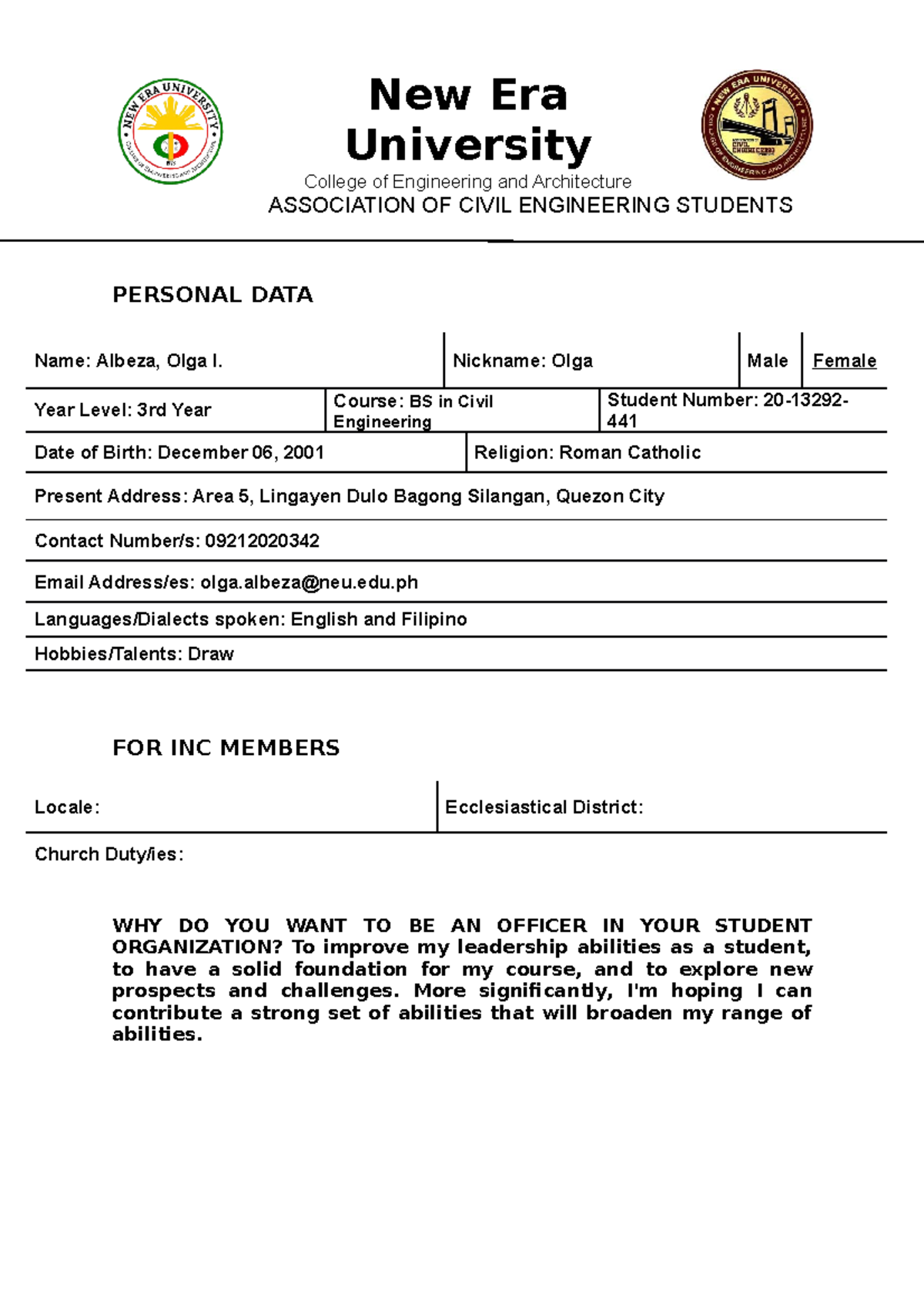 3RD YEAR Albeza, OLGA - none - New Era University College of Engineering and Architecture - Studocu