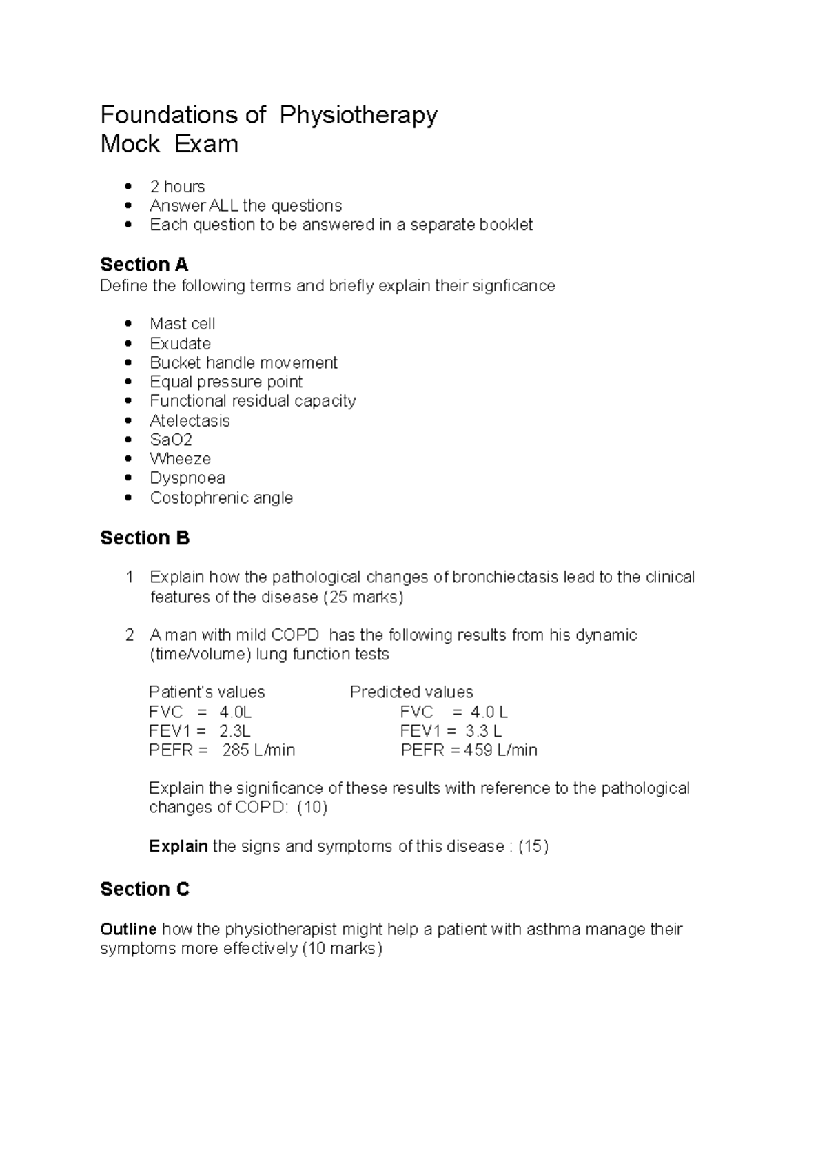 Mock Exam copy - Foundations of Physiotherapy Mock Exam 2 hours Answer ...