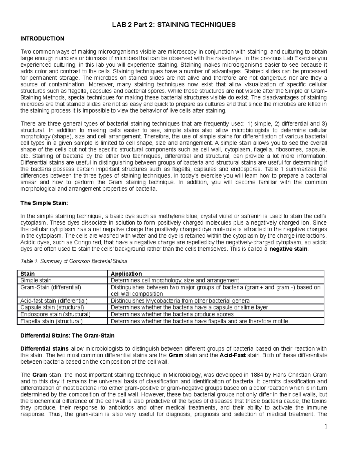 Lab2Part2 Staining Summer 2021 - LAB 2 Part 2: STAINING TECHNIQUES INTRODUCTION Two common ways ...