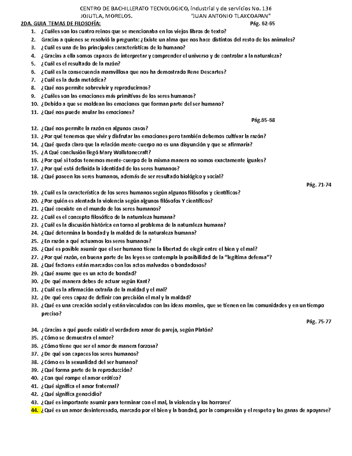 2DA GUIA Temas DE Filosofía - CENTRO DE BACHILLERATO TECNOLOGICO, industrial y de servicios No ...