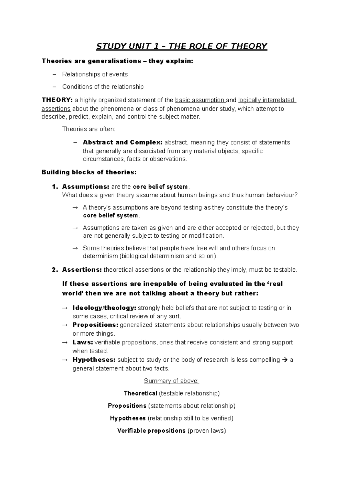 Study UNIT 1 - Summary Criminology - STUDY UNIT 1 – THE ROLE OF THEORY ...