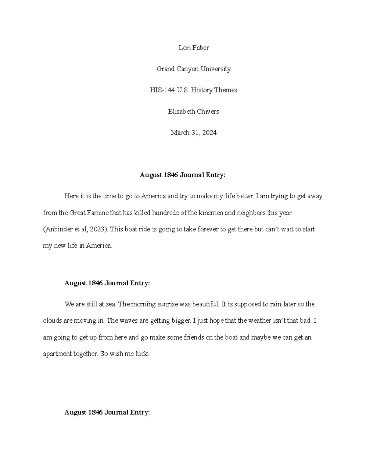 Journal of an Irish Immigrant HIS 144 Grand Canyon University US ...