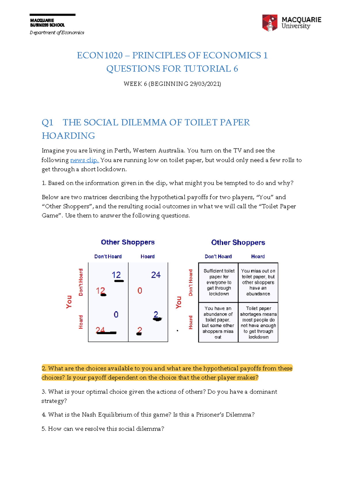 ECON1020 S1 2021 Tutorial 6 - Questions - MACQUARIE BUSINESS SCHOOL ...