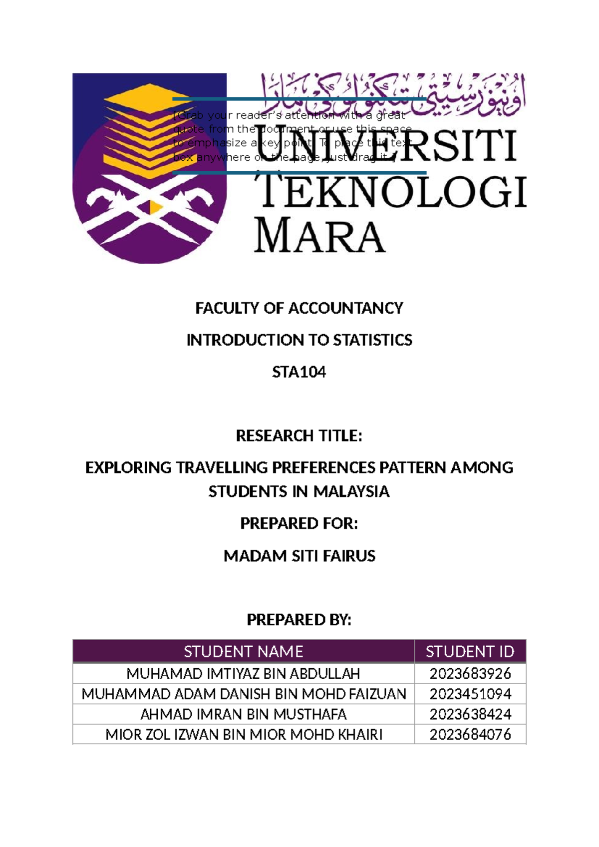 STA104 Group Assignment - FACULTY OF ACCOUNTANCY INTRODUCTION TO STATISTICS STA RESEARCH TITLE ...