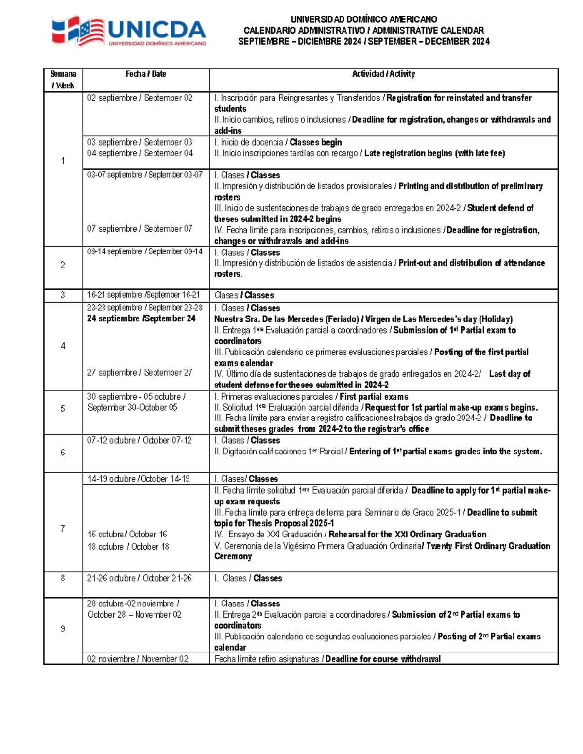 Calendario Unicda Septiembre Diciembre 2024 definitivo 26 de agosto ...